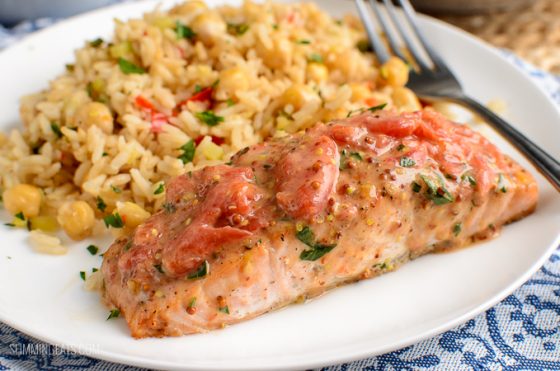 Roasted Tomato Topped Salmon with Chickpea Rice Pilaf