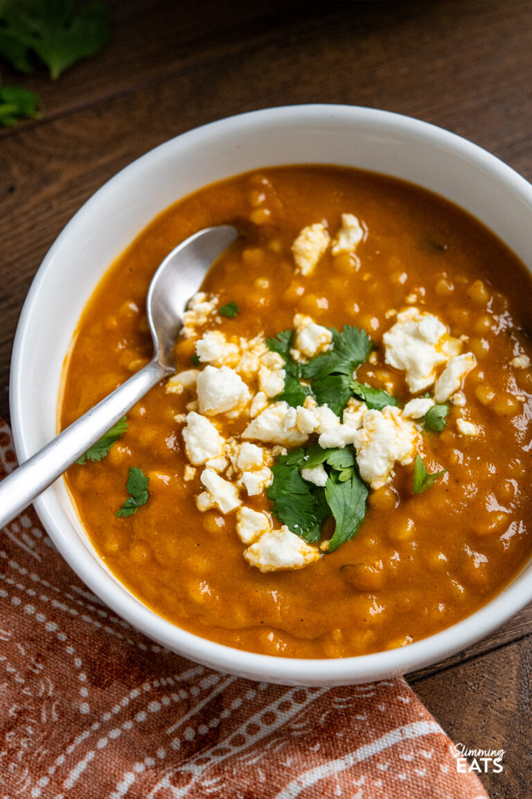 Roasted Vegetable Soup with Israeli Couscous and Feta | Slimming Eats