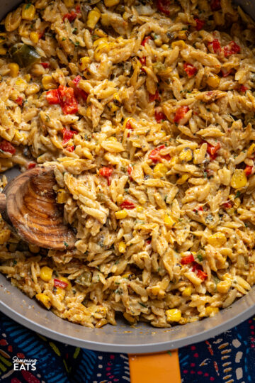 One Pot Creamy Cheesy Spicy Corn Orzo | Slimming Eats