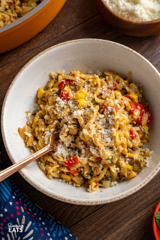 One Pot Creamy Cheesy Spicy Corn Orzo | Slimming Eats