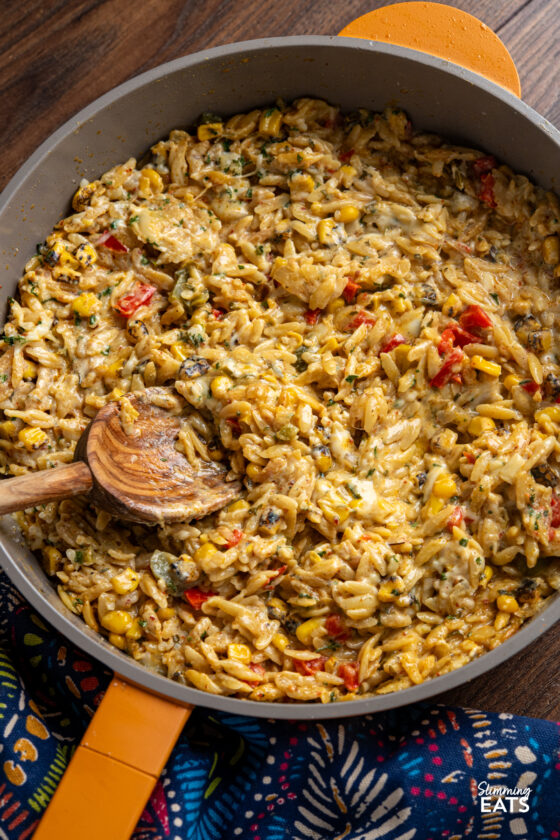 One Pot Creamy Cheesy Spicy Corn Orzo | Slimming Eats